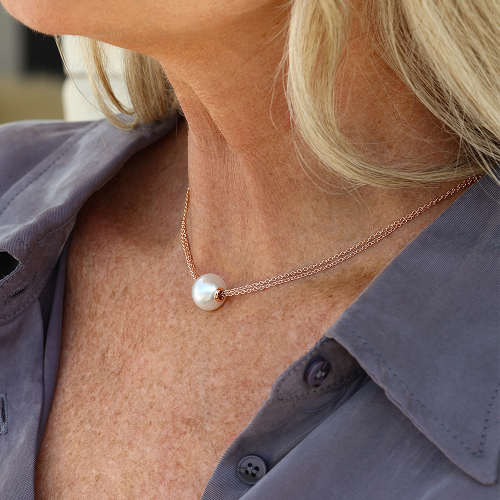Sliding Pearl Necklace, Double Chain, Rose Gold | Kailis Jewellery